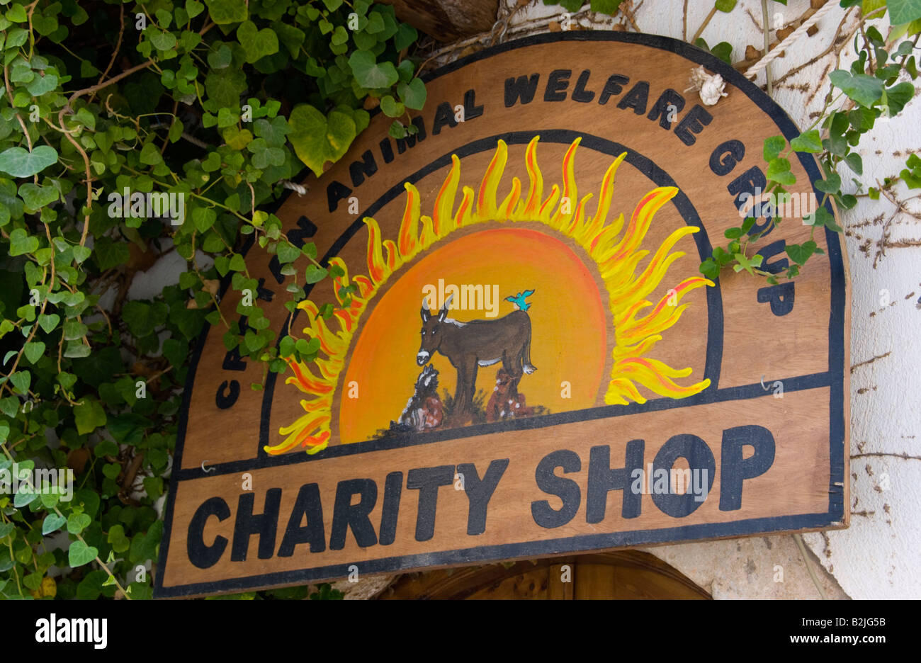 Charity shop sign for animal welfare group in Malia Old Town on the ...