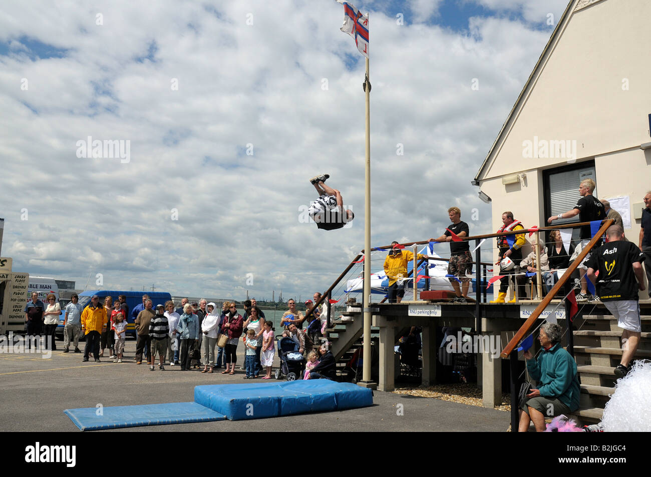 a freerunning and parkour demonstration at the Calshot RNLI open day ...