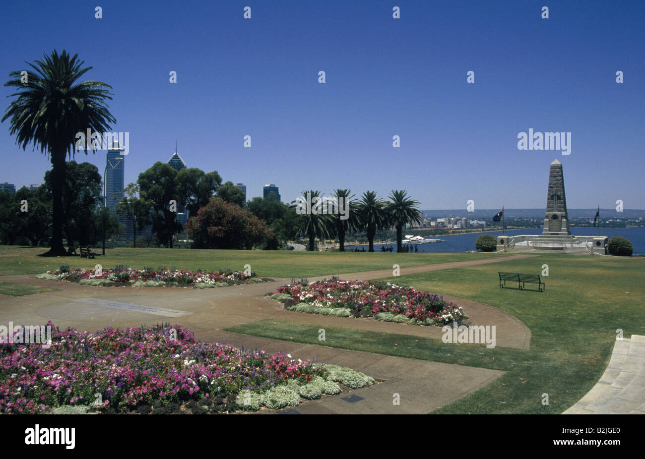 Kings Park War memorial WW1 Obelisk Palm trees Parkland Flowerbeds View ...