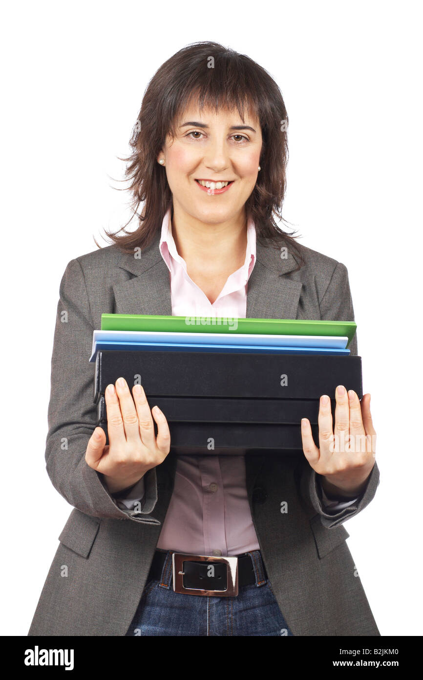 Busy business woman carrying stacked files over a white background ...