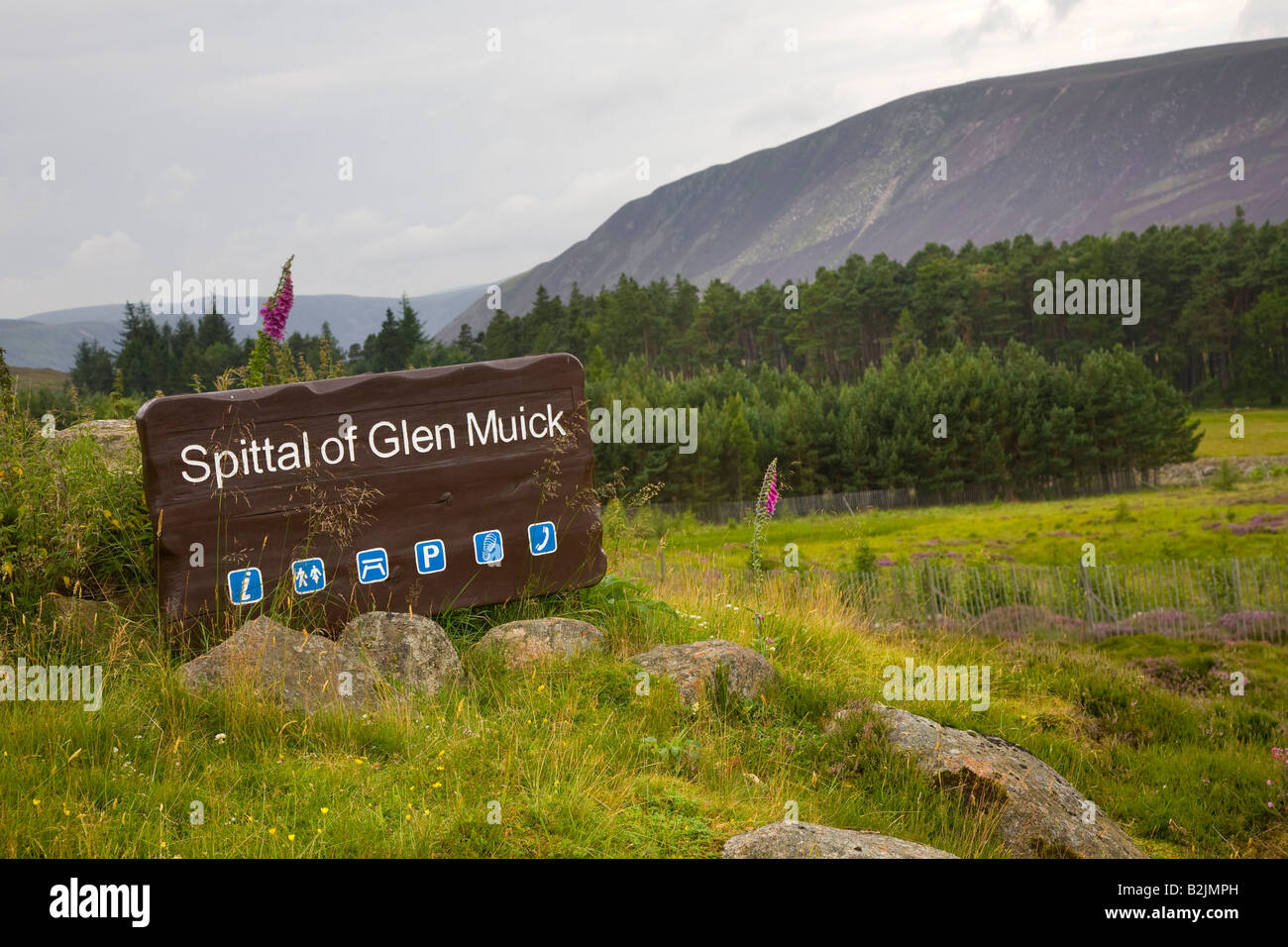 Tourist informaton signs for the Spittal of Glen Muick,in the higlands ...