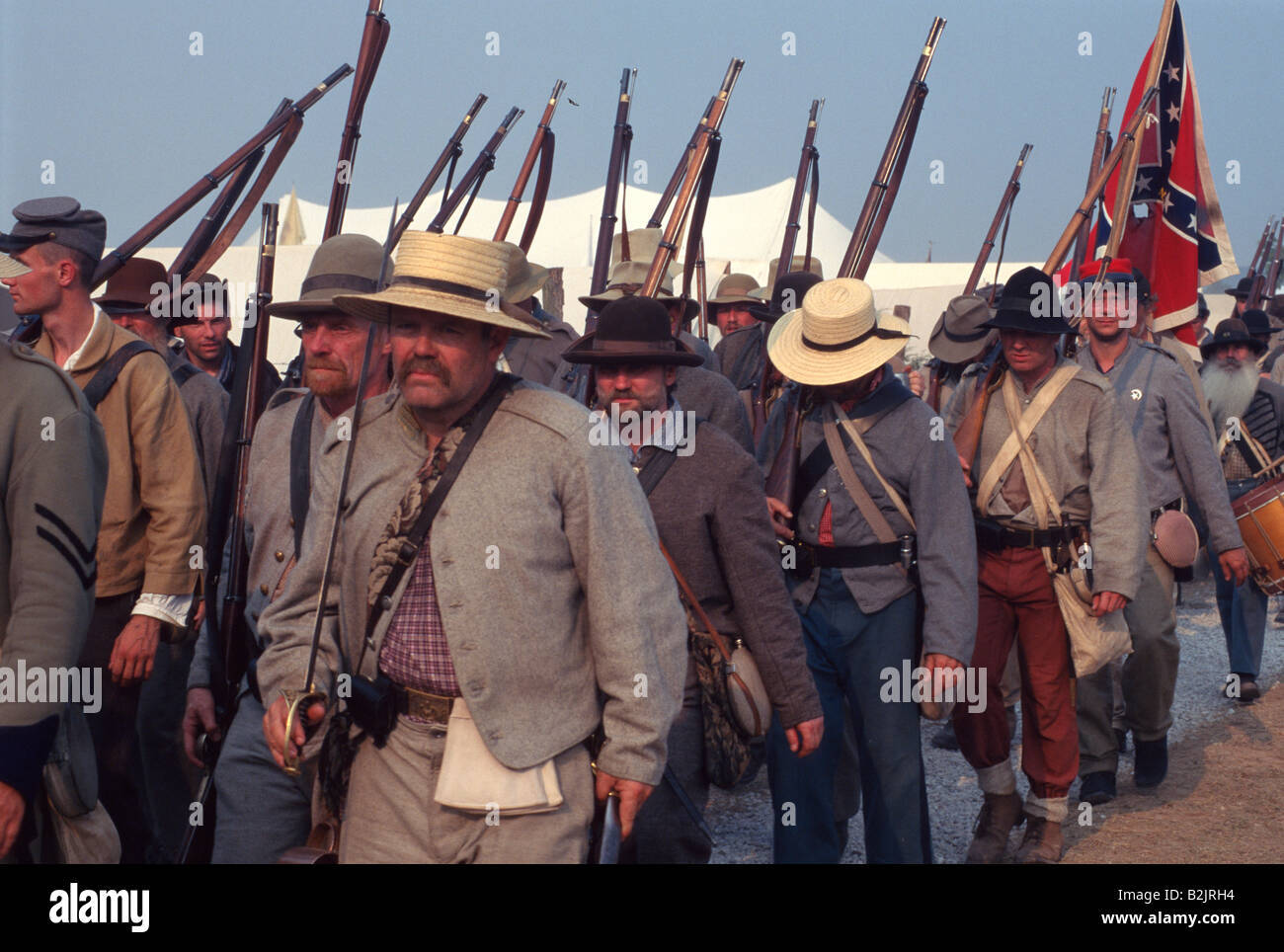 Confederate troops marching from the field at the re-enactment of the ...