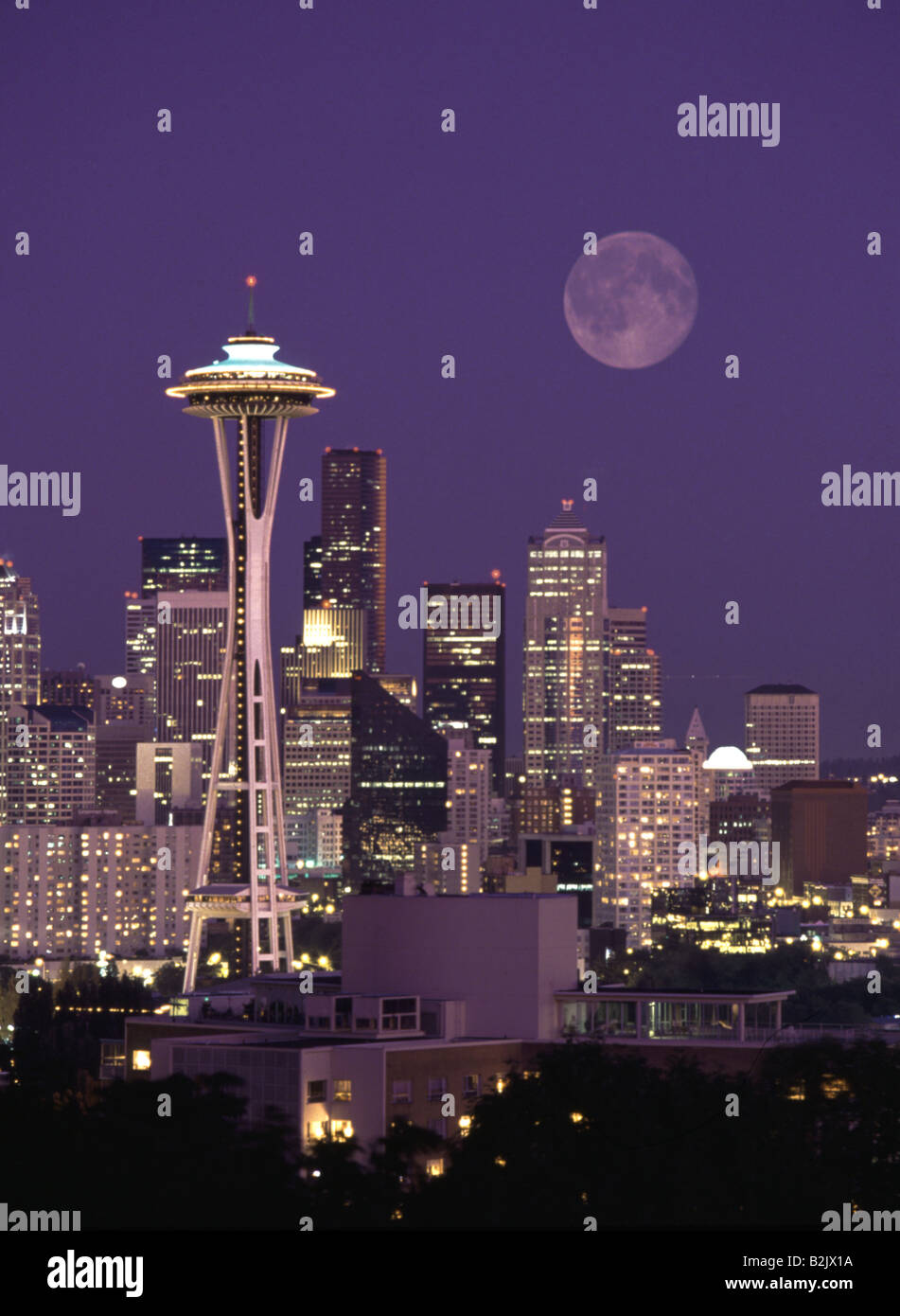 Seattle The Space Needle with the city skyline and full moon Stock ...