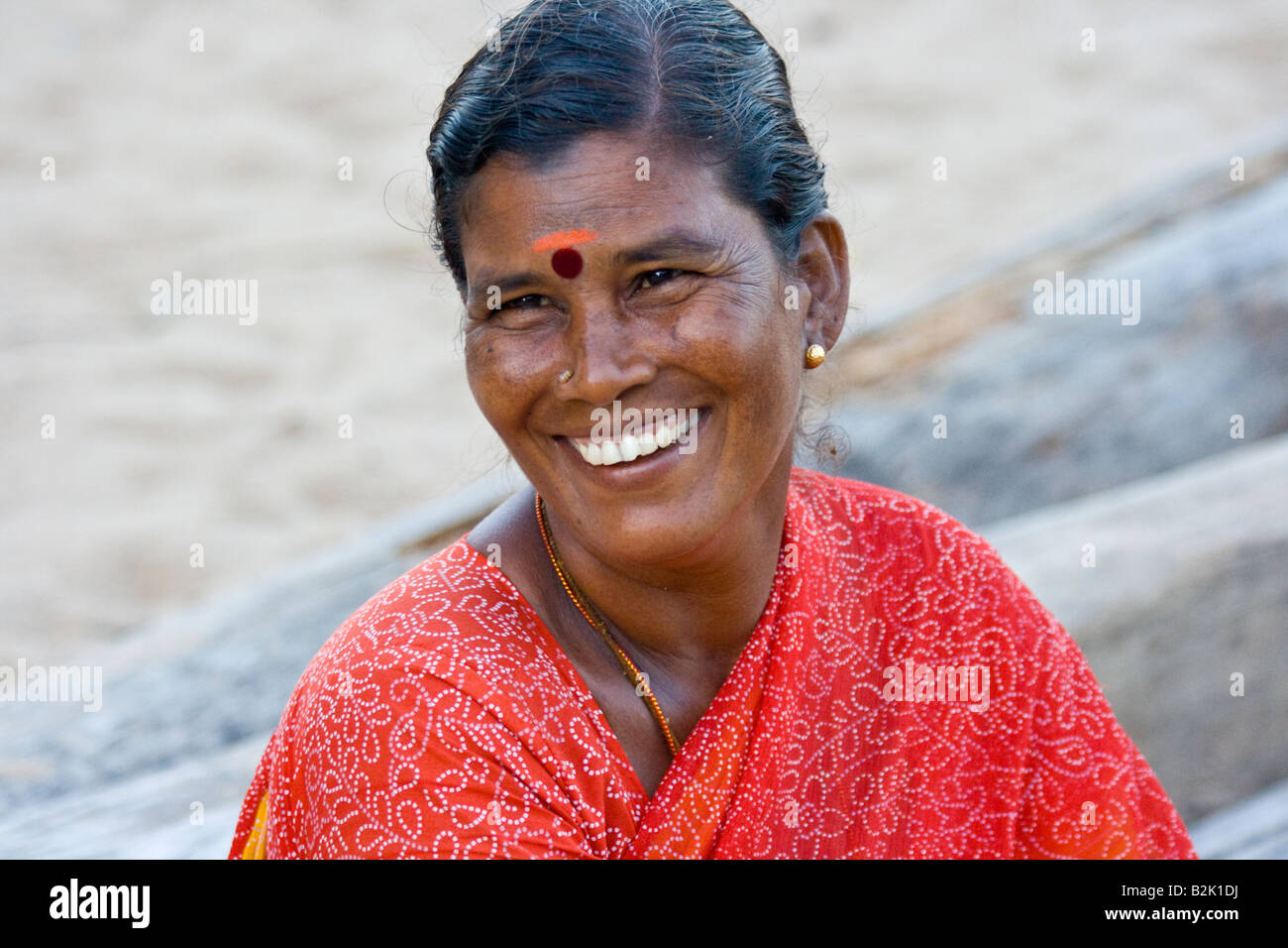 Smiling Hindu Woman on the Beach in Mamallapuram South India Stock ...