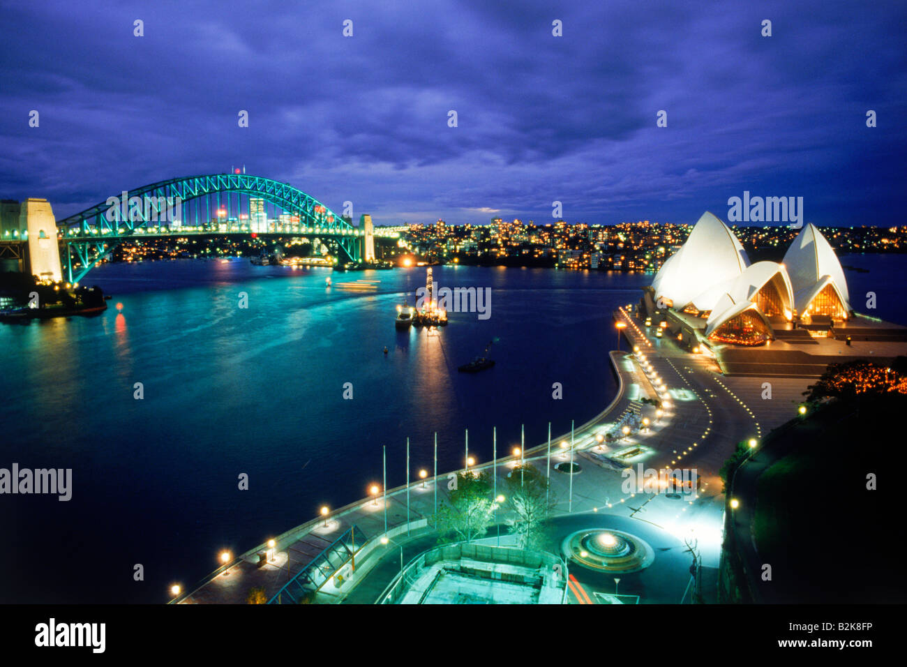Opera House with Sydney Harbour Bridge from above at night Stock Photo ...