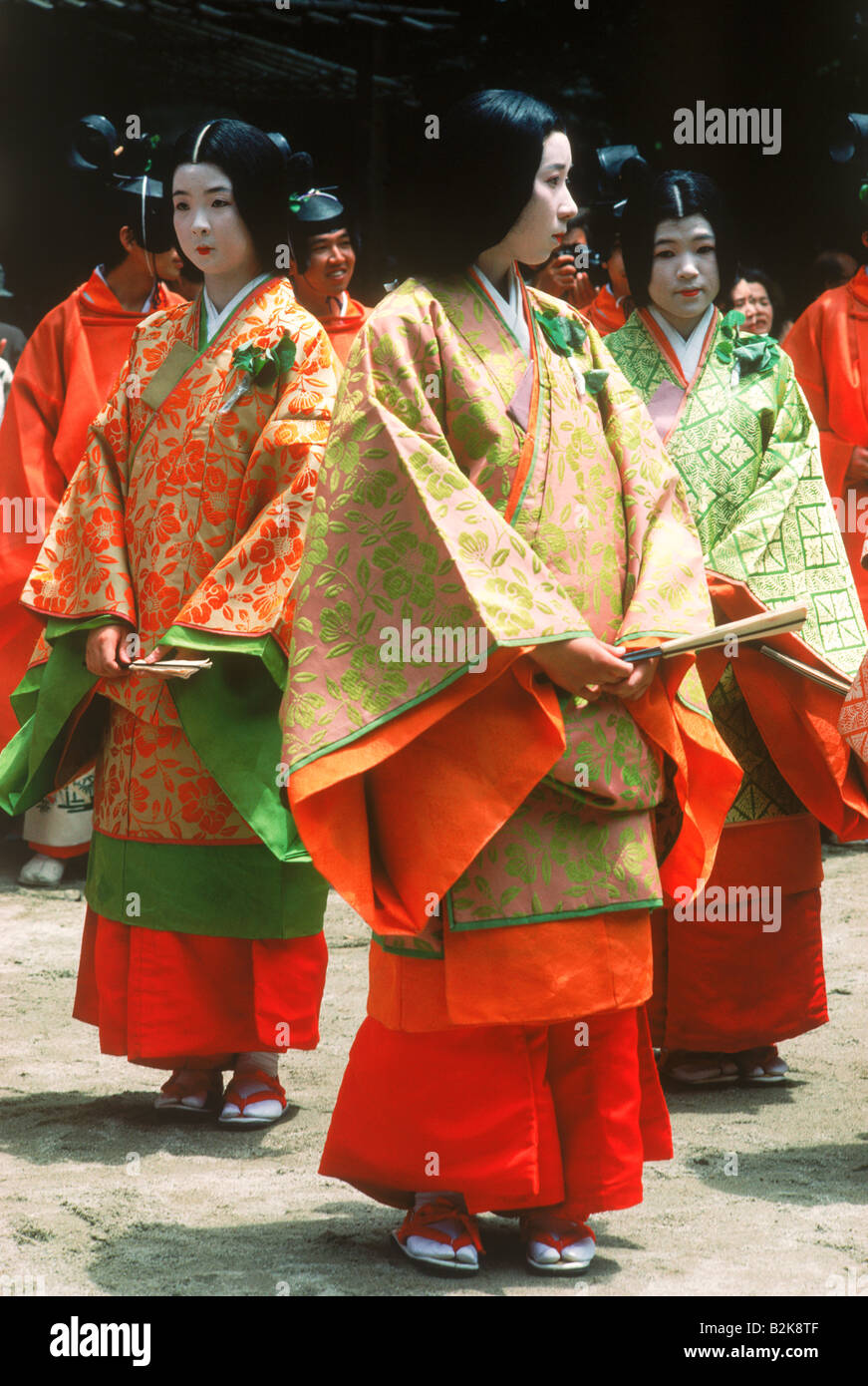 Traditional court ladies in colorful kimonos at Aoi Matsuri Festival in ...