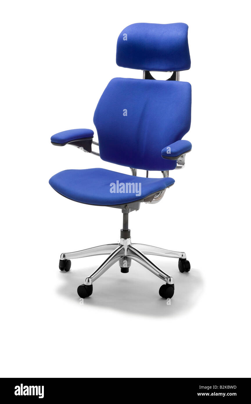 A blue ergonomic office designer task chair on a white background Stock ...