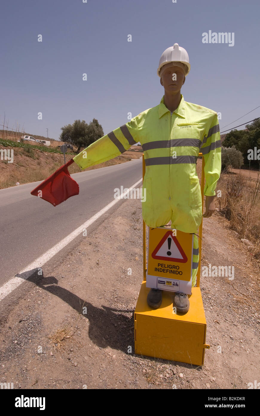 Dummy directing traffic at roadworks in Spain Stock Photo - Alamy