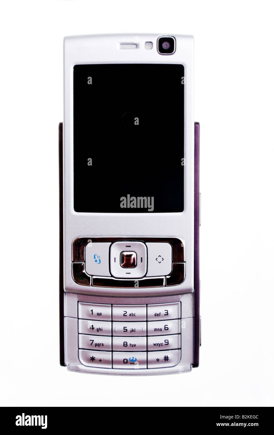 A silver and black mobile cell phone. The screen has been moved forward ...