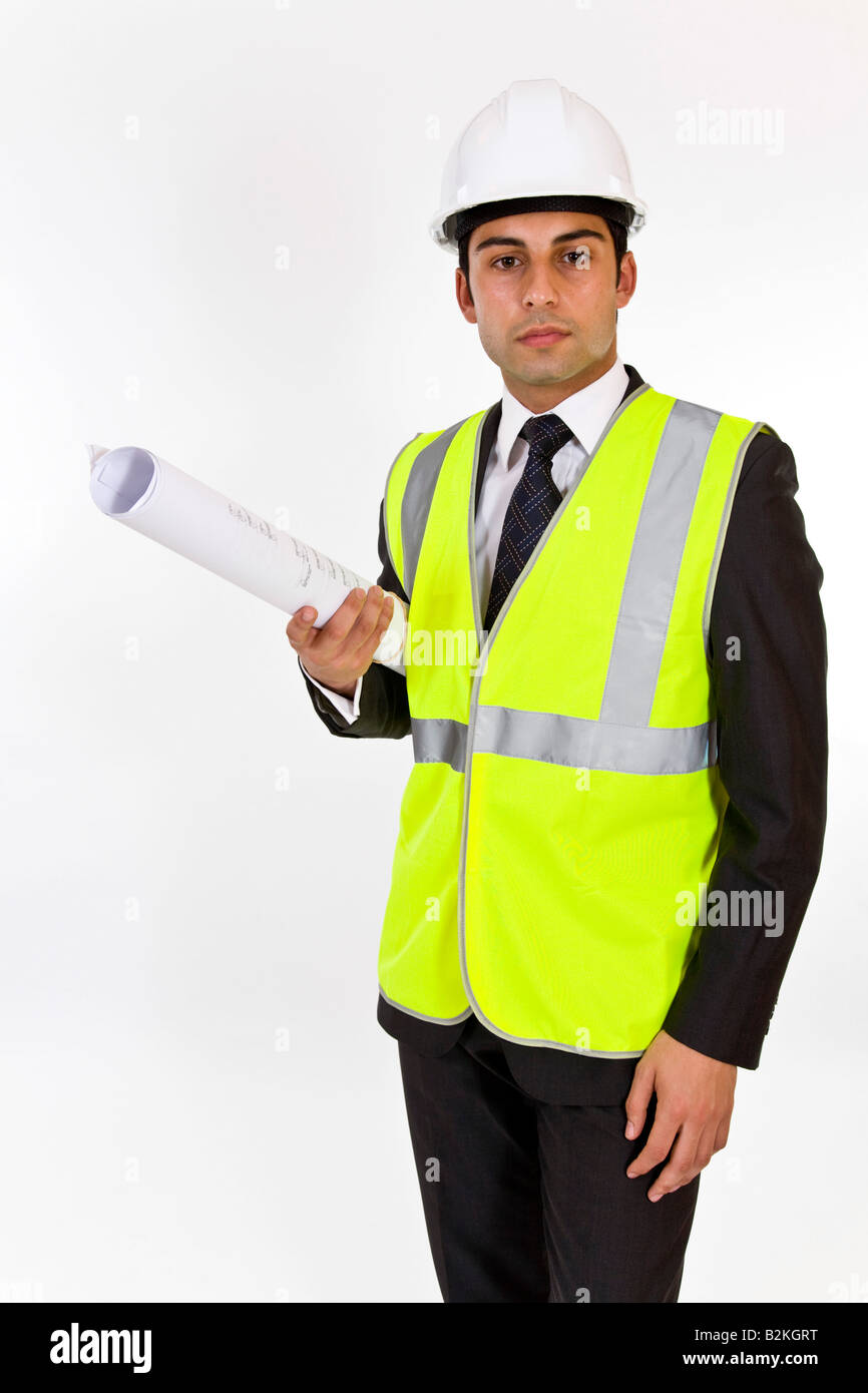 Architect - man in hard hat high visibility jacket and holding plans ...