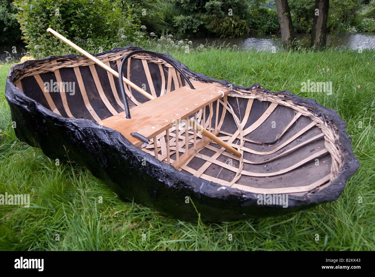 A handmade coracle made traditionally skinned with a bituminous paint ...