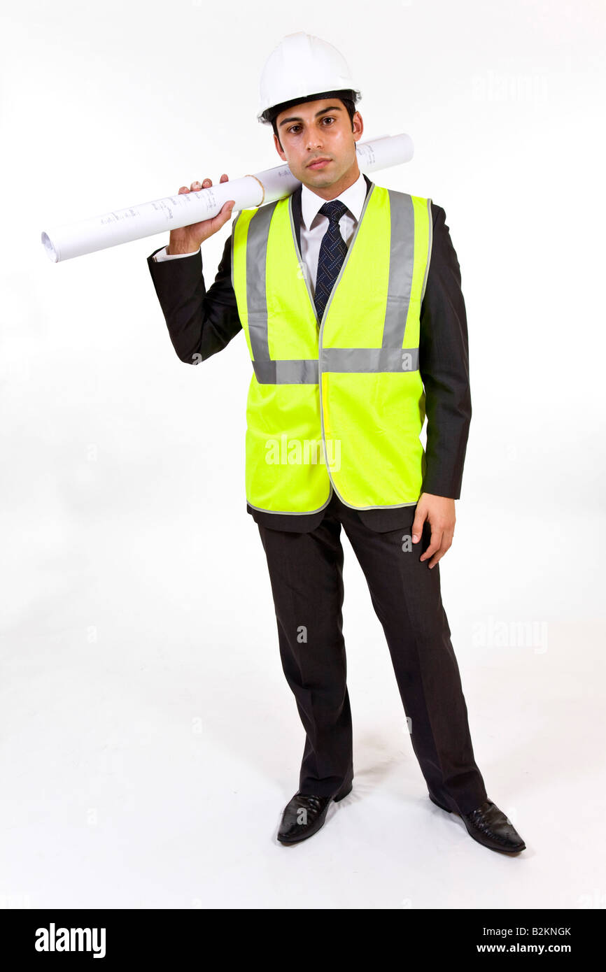 Architect - man in hard hat high visibility jacket and holding plans ...