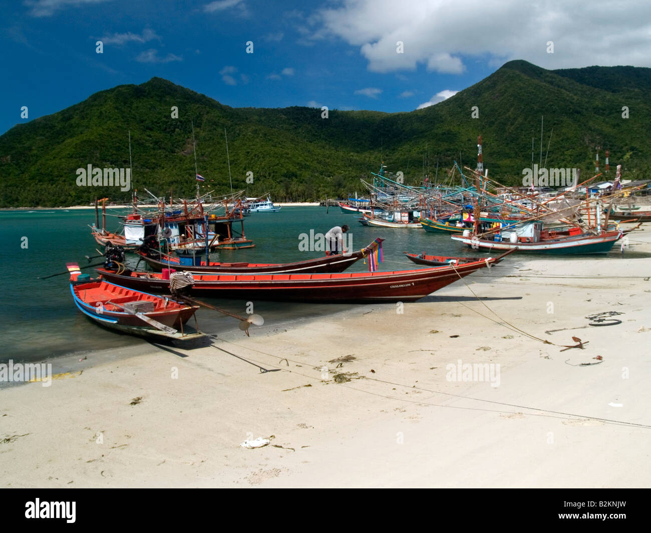 colorful boats in the fishing village of Chalok Lum on Pha Ngan island ...