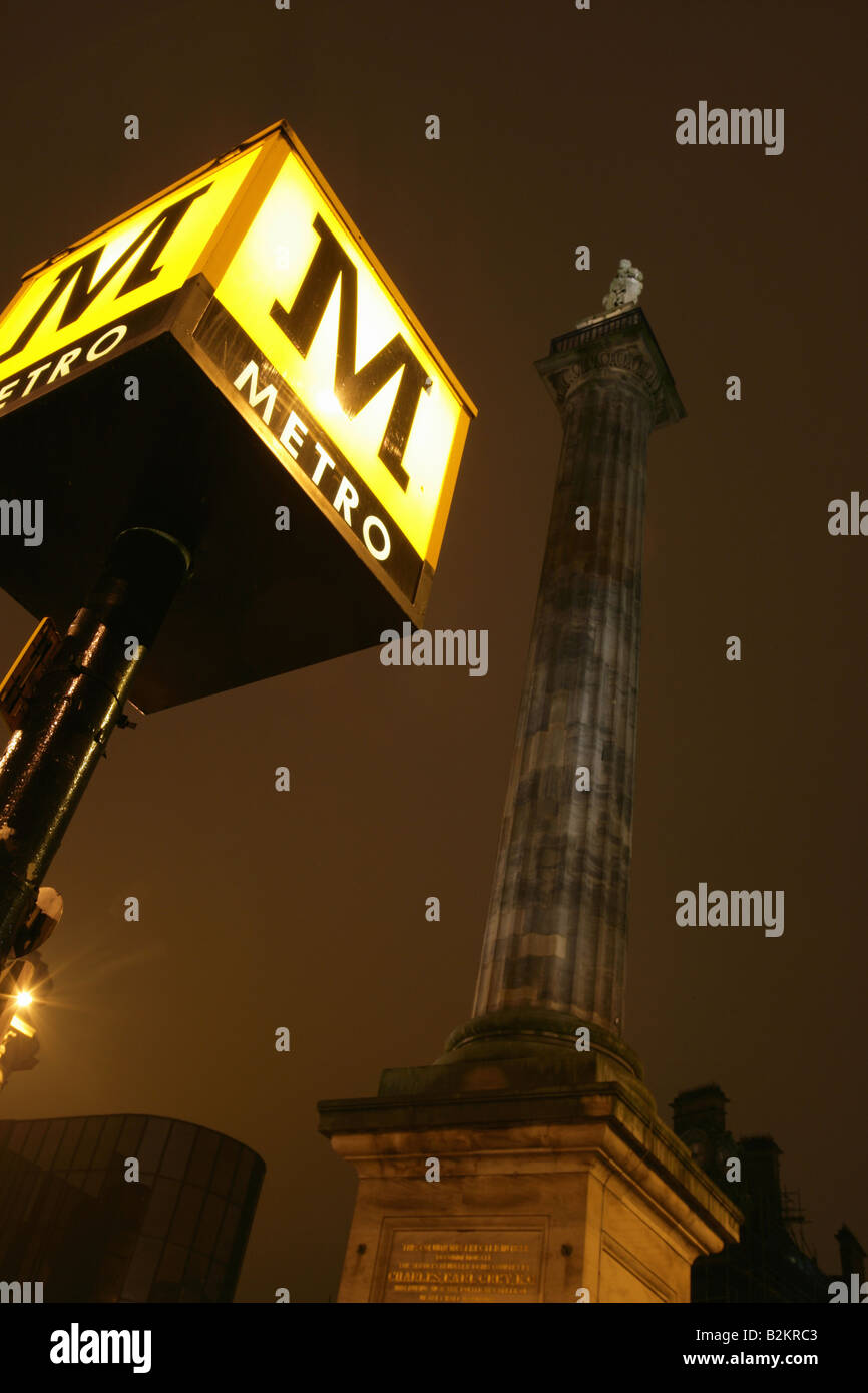 City of Newcastle, England. A night view of the Metro transport sign in ...