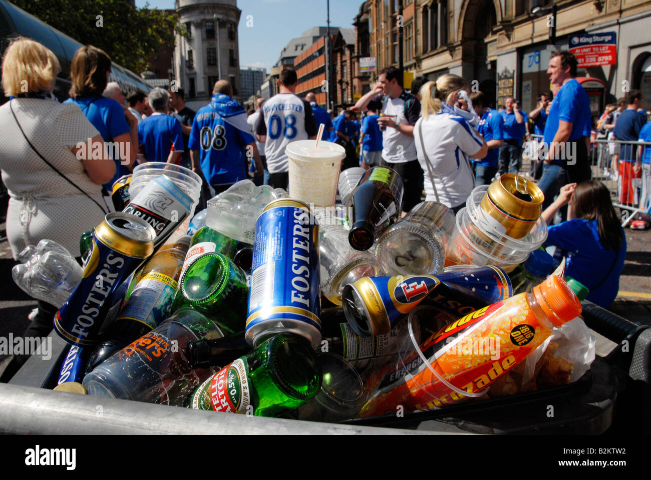 Alcoholic drinks cans in overflowing litter bin in Manchester City ...