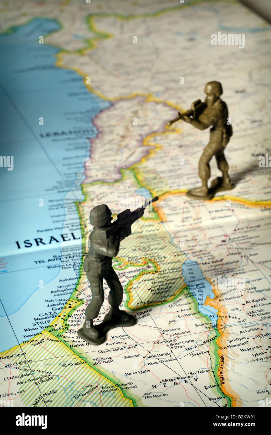 Toy soldiers on map of Middle East and Israel face off Stock Photo - Alamy