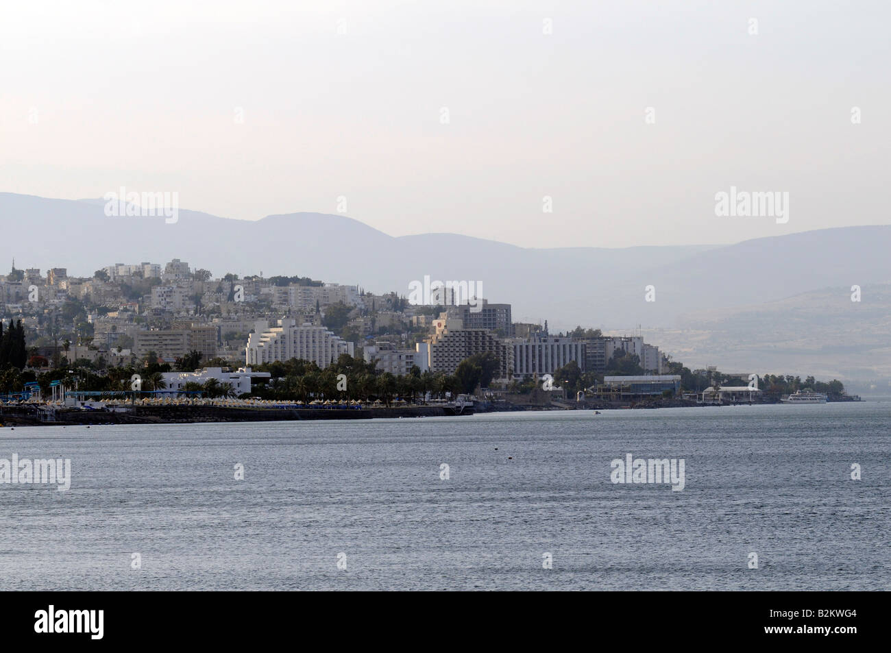 Landscape view of the Sea of Galilee, with the town of Tiberias. Photo ...