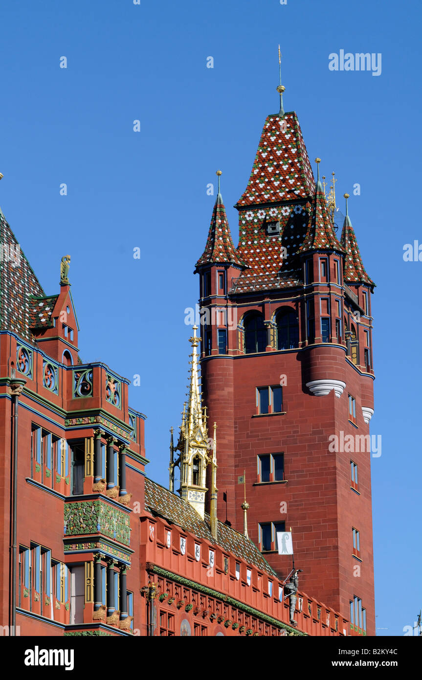 The tower of the famous red town hall in the old city of Basel ...