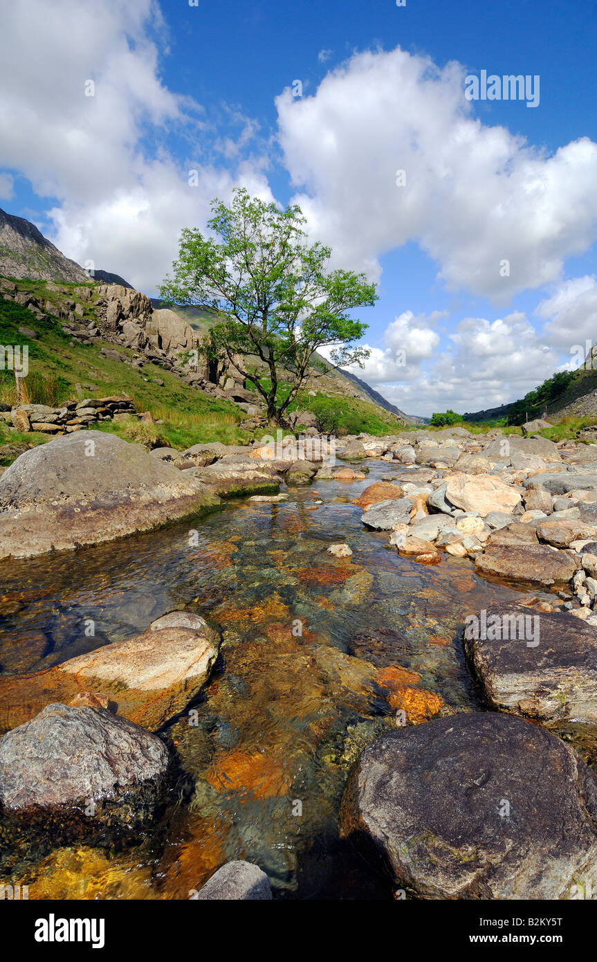 Afon Nant Peris River as it flows through Llanberis pass in Gwynedd ...