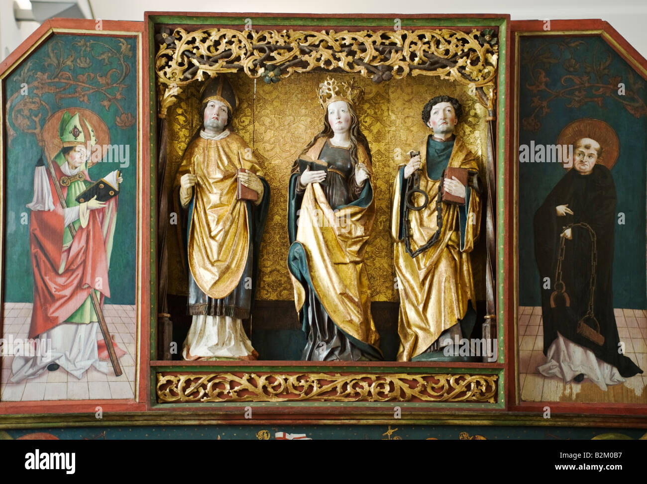 Detail of elaborate winged altarpiece from famous Bode Museum in Berlin ...