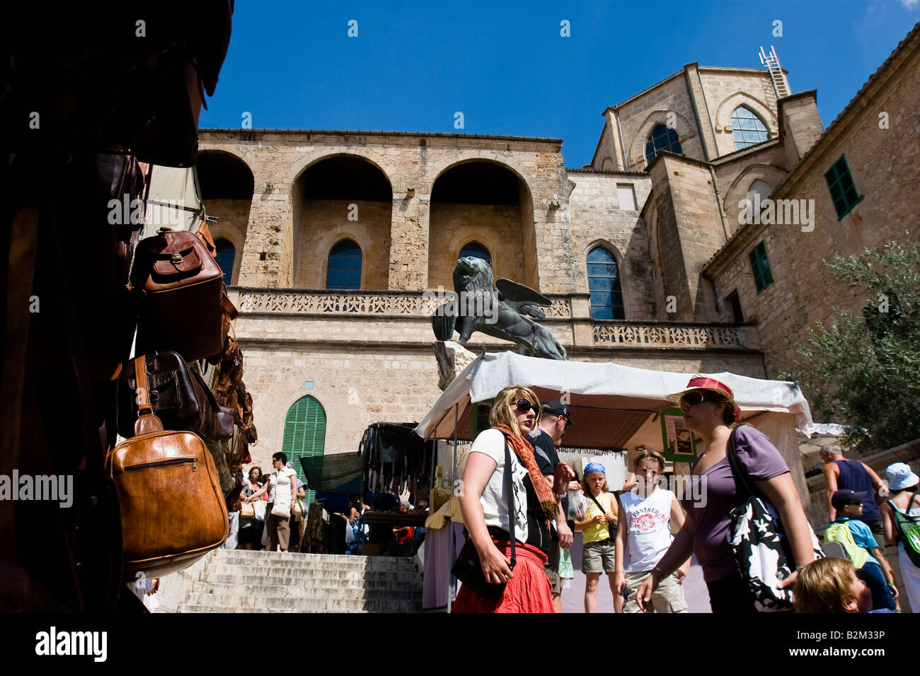 Visitors at the farmer's market in Sineu, Majorca, Balearic Islands ...