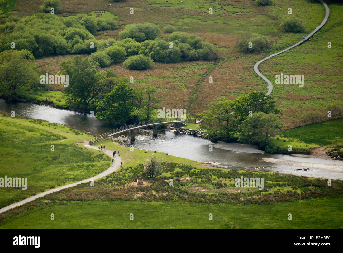 Bridge over a river from above, People walking on path, Derwent Water ...