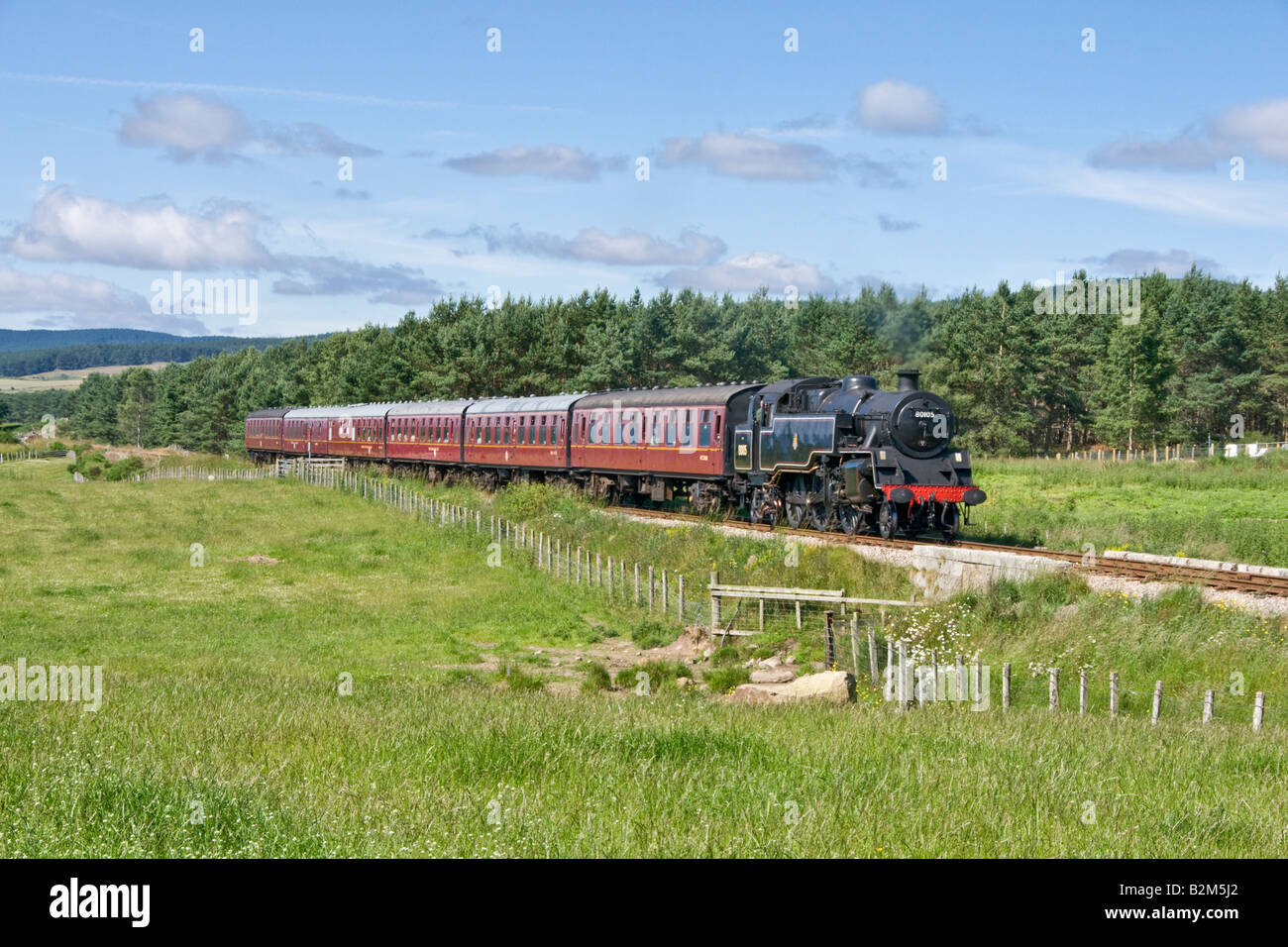 A steam train on the Strathspey railway is on its way to Broomhill ...