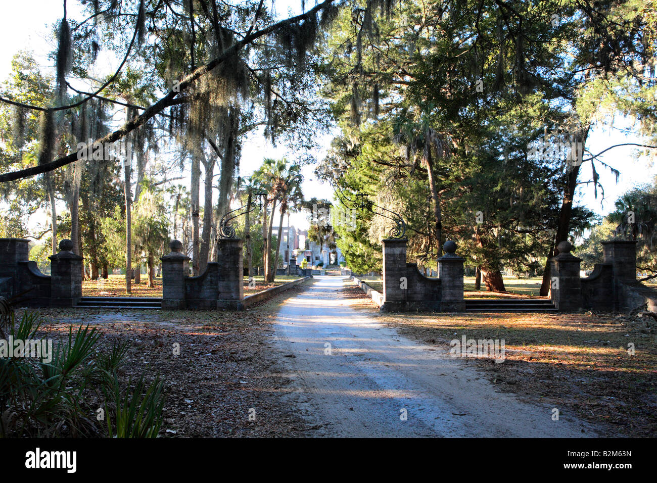 STONE AND IRON GATES AT THE ENTRANCE TO THE RUINS OF DUNGENESS MANSION ...