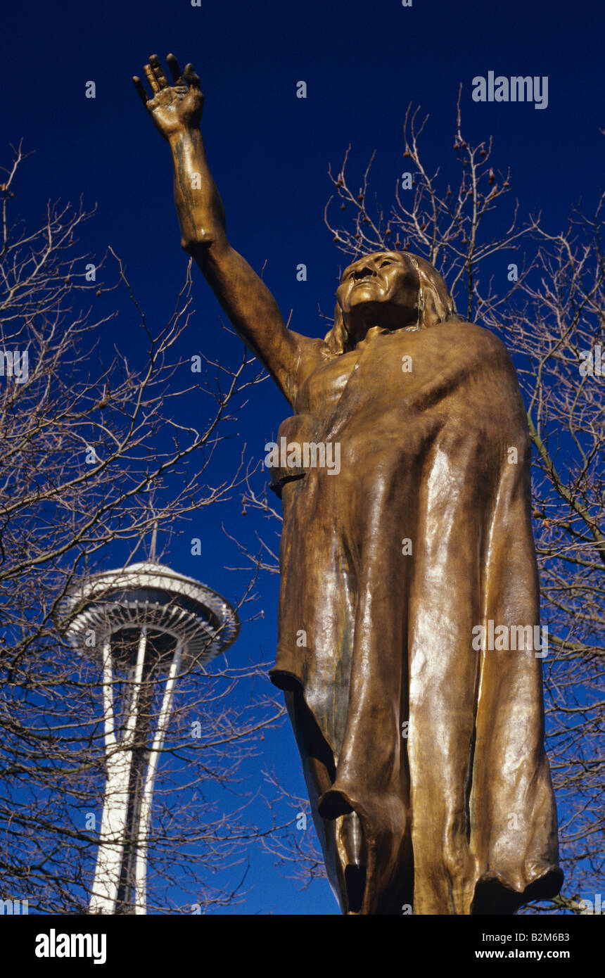 Downtown Seattle with Space Needle and sculpture of Chief Selth Stock ...