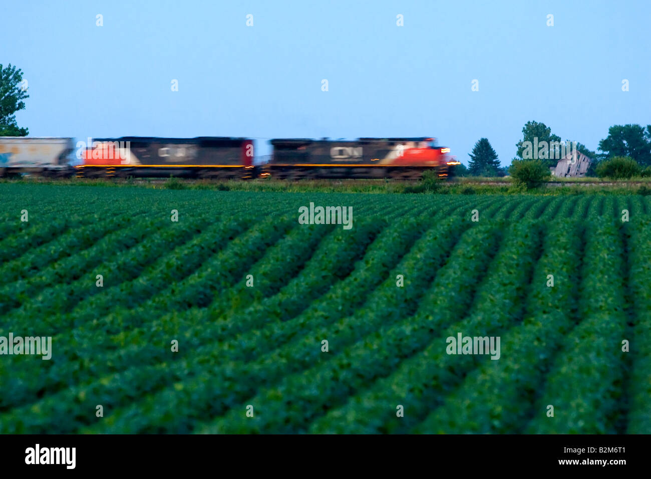 A Canadian National freight train rolls through farm fields near ...