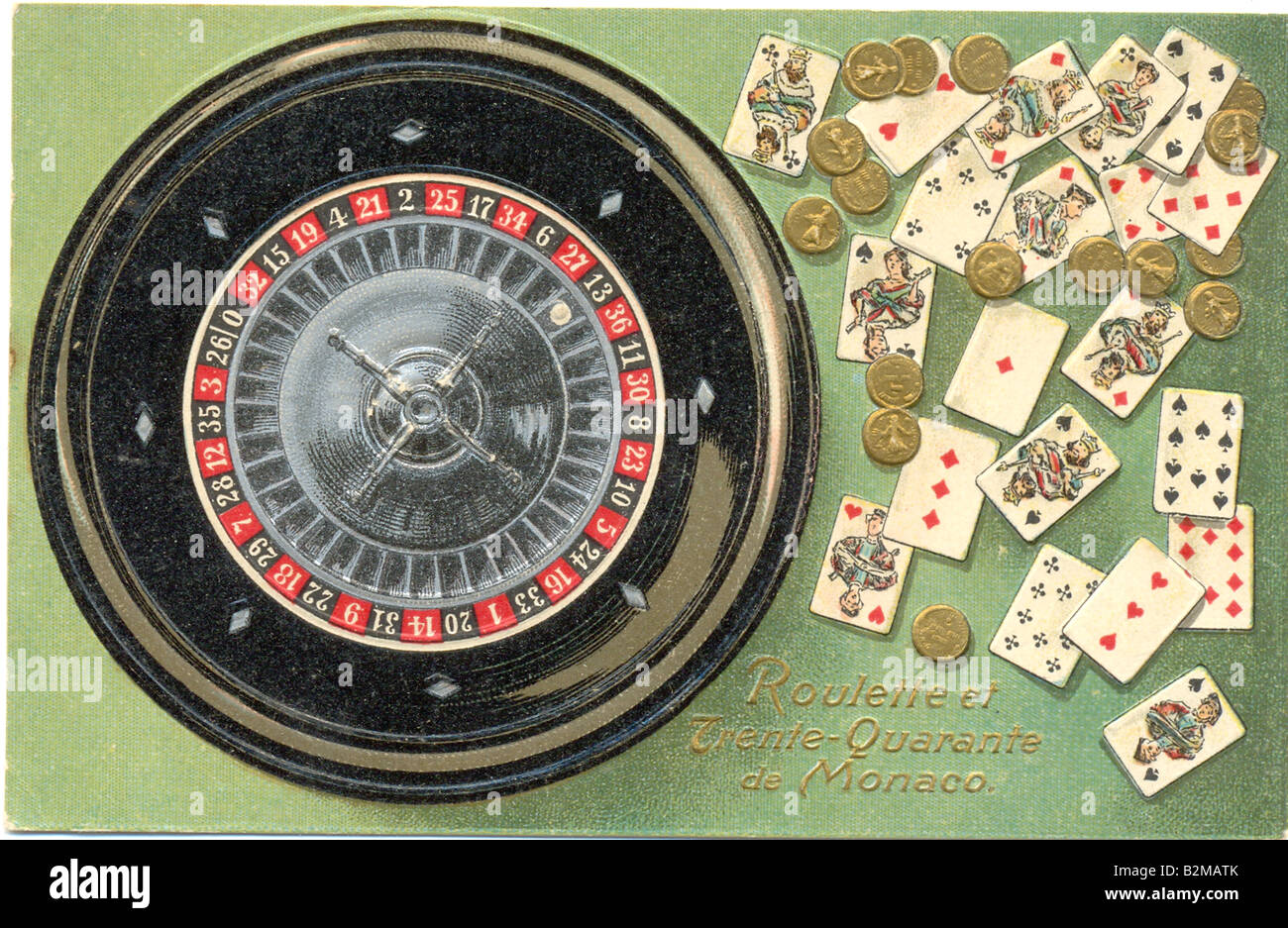 Chromolithographed and embossed picture postcard showing roulette wheel ...