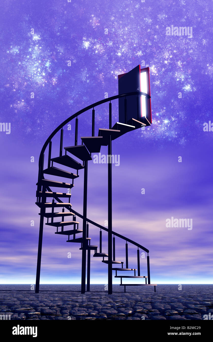A spiral staircase leads upward to a doorway into the unknown Stock ...