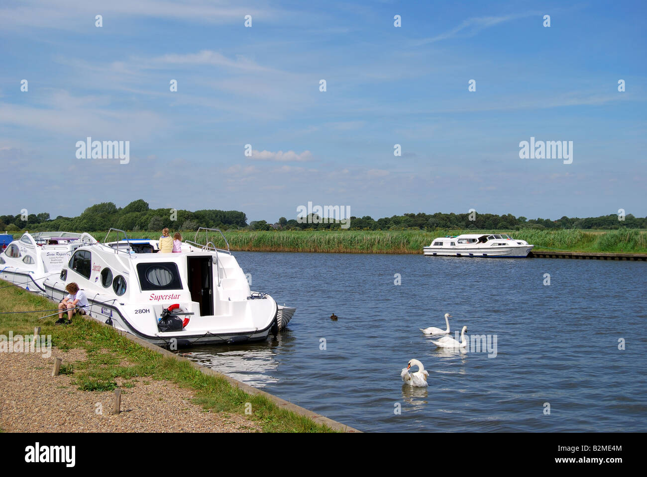 Boats on River Bure at Acle Bridge, Norfolk Broads, Norfolk, England ...