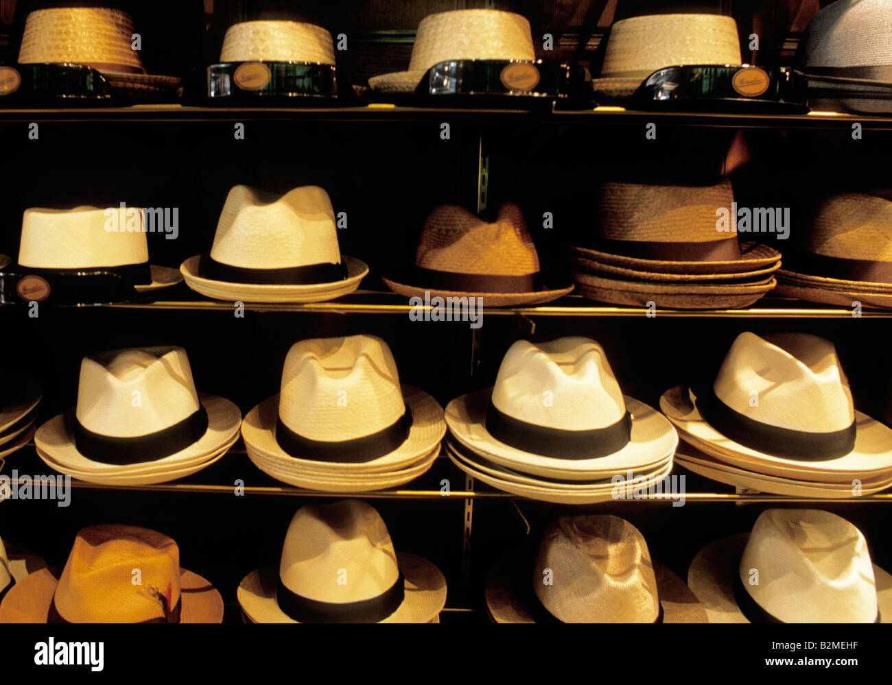 New York City mens straw hats lined up for sale in haberdashery store ...