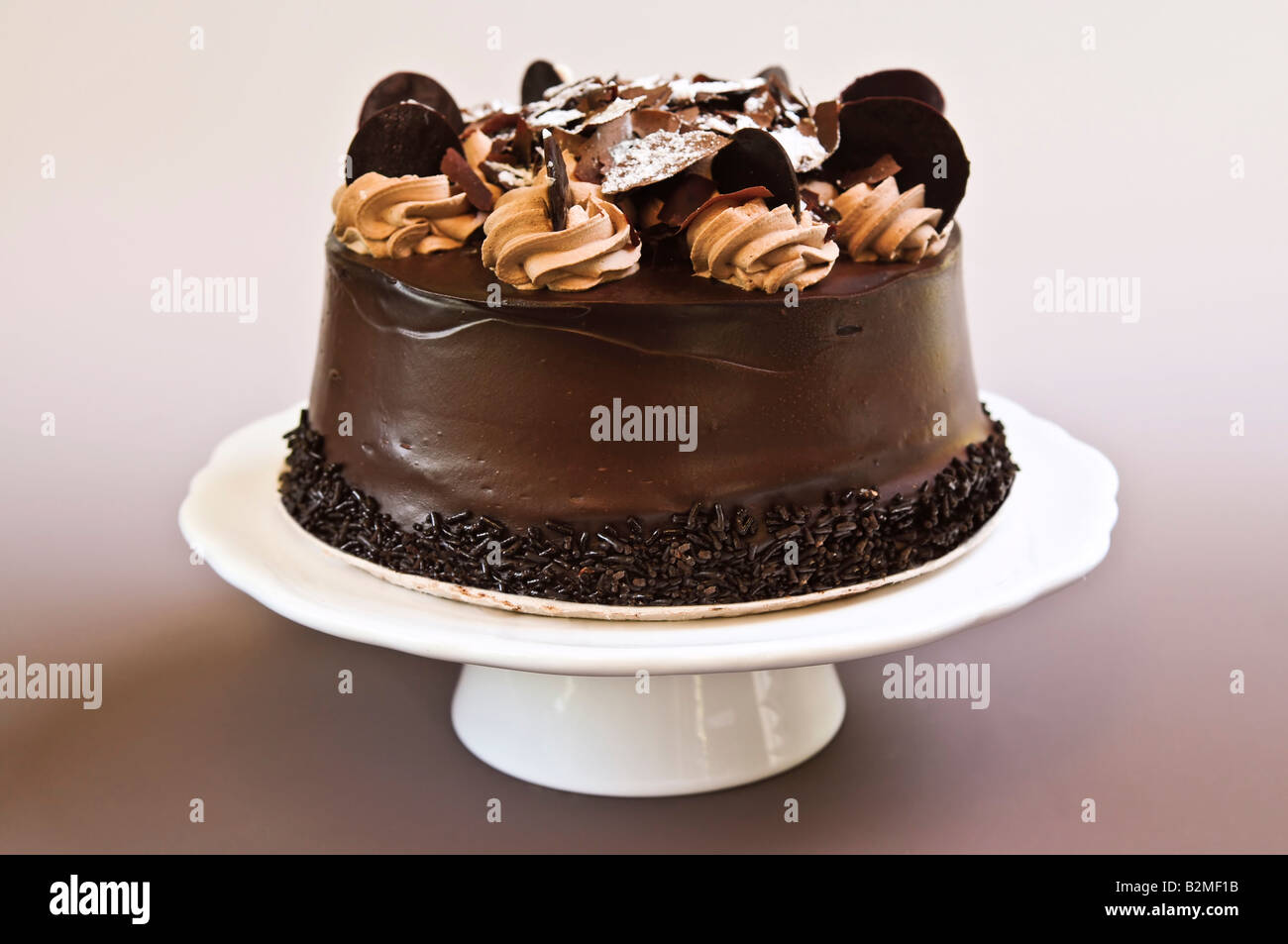 Round chocolate cake with frosting on a plate Stock Photo - Alamy