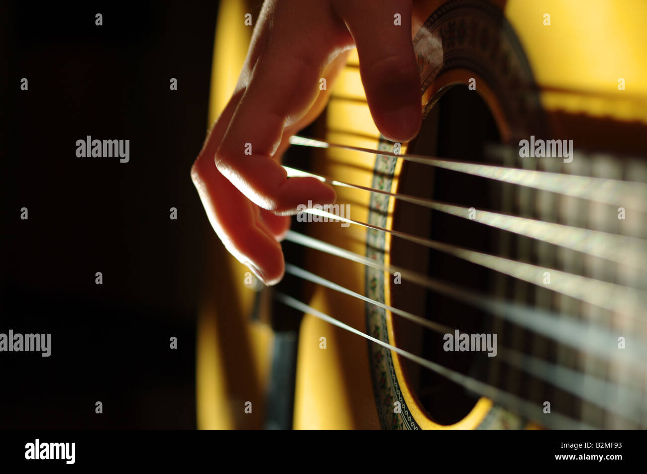 Hand on acoustic guitar Stock Photo - Alamy
