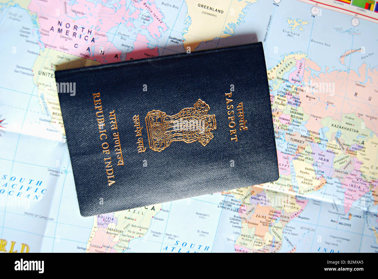 Indian passport placed on top of world map Stock Photo - Alamy