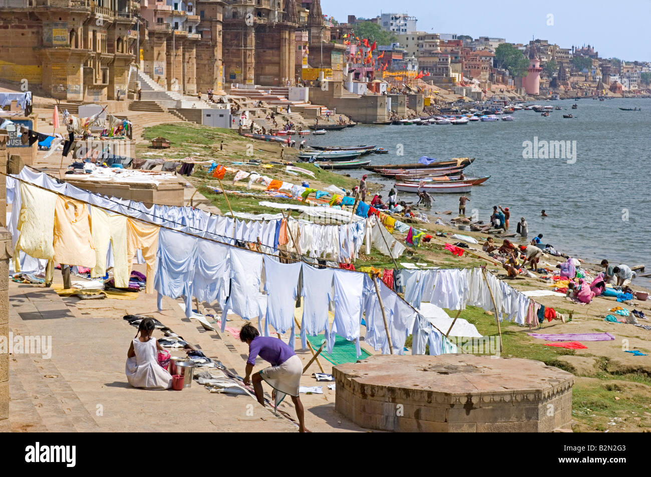 A view of the washing (dhobi) ghat along the Ganges in Varanasi Stock ...