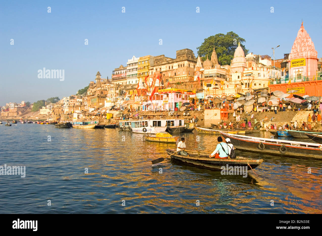 A wide angle view of the central ghats around Dasaswamedh along the ...