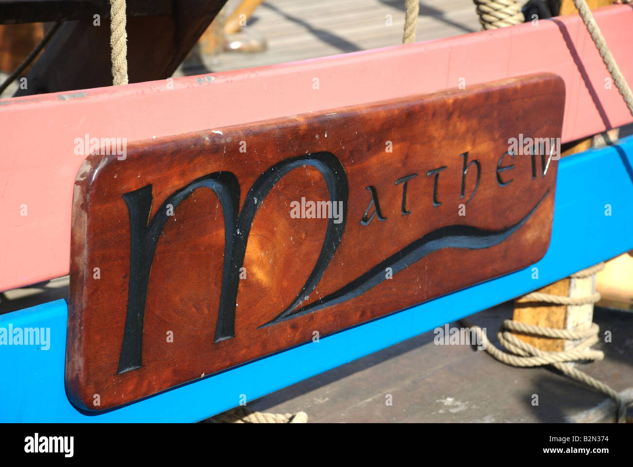 The nameboard of the Matthew ship, a replica Caravel, Brest 2008 ...