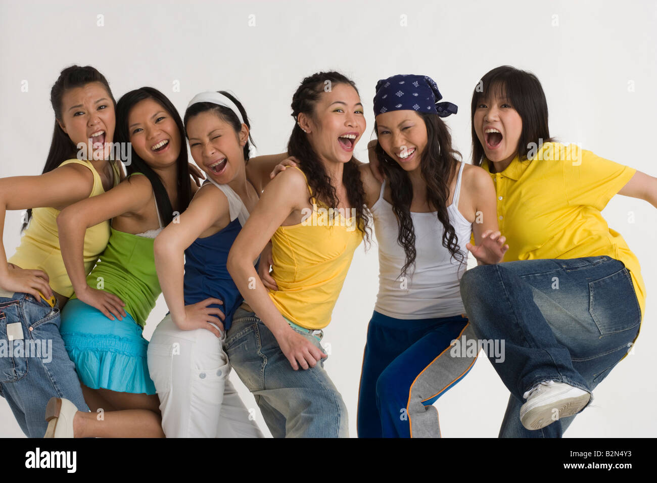 Portrait of a group of young women making a face and smiling Stock ...