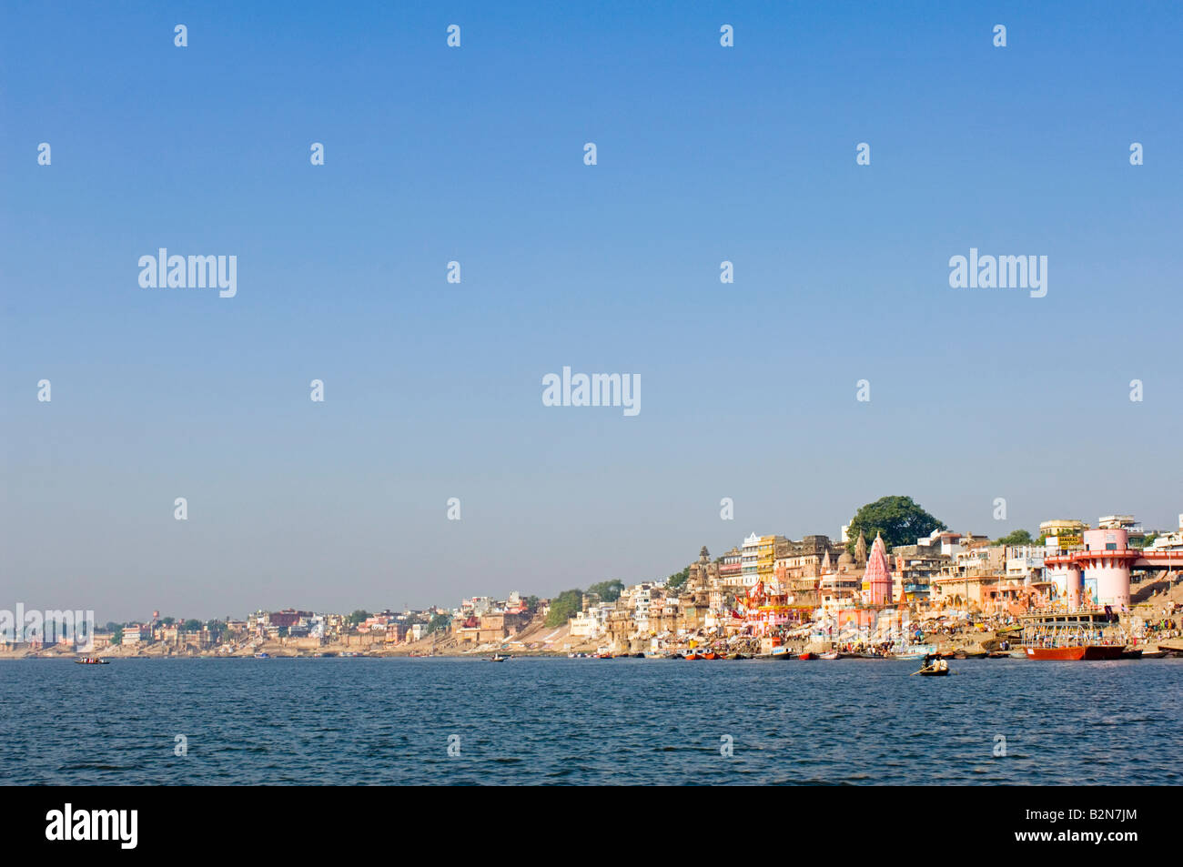 A wide angle view of the ghats along the Ganges in Varanasi Stock Photo ...