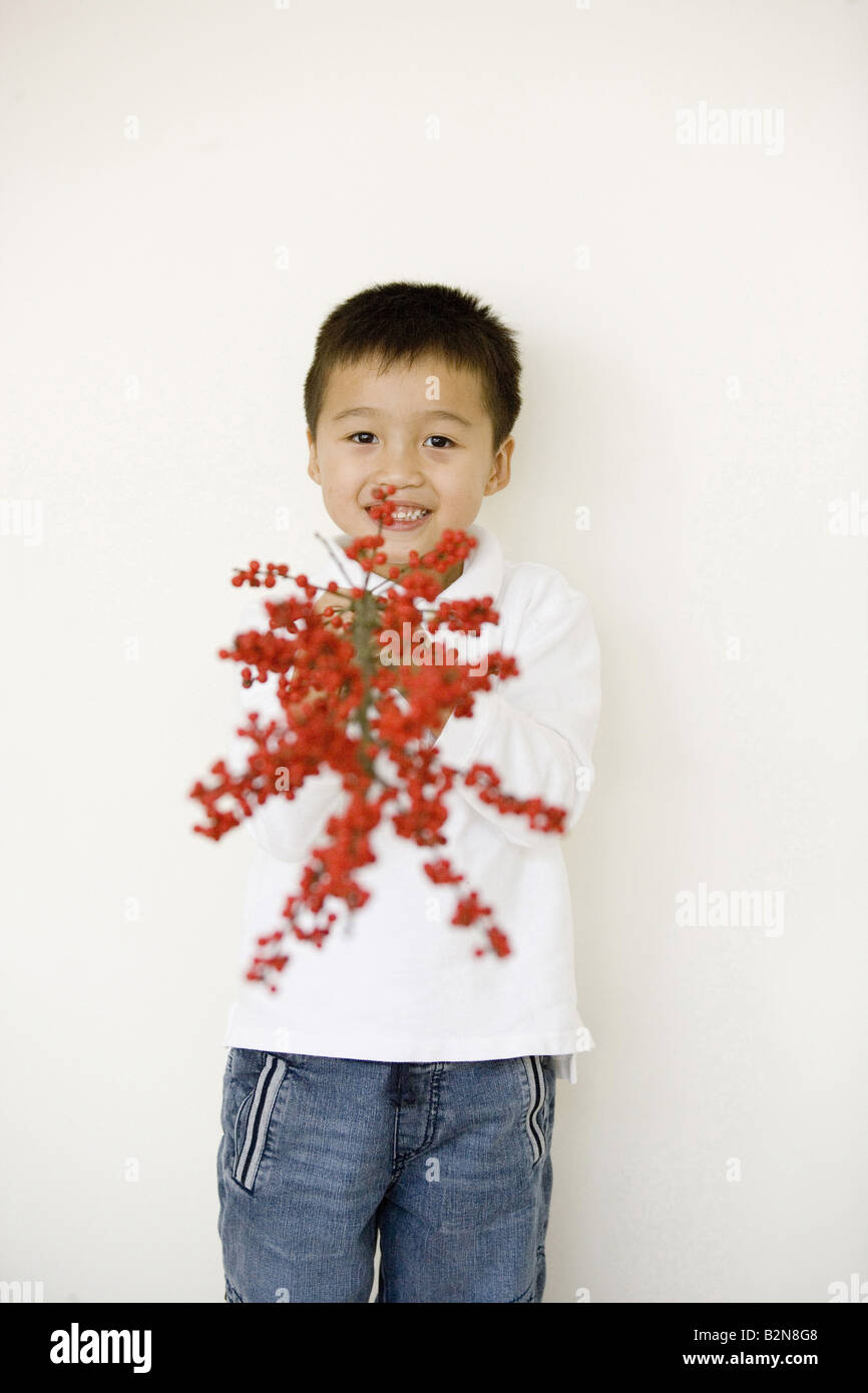 Portrait of a boy showing a plant Stock Photo - Alamy