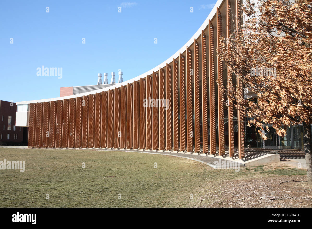 Curving arc of brown slatted louvers that front the Carl Icahn ...