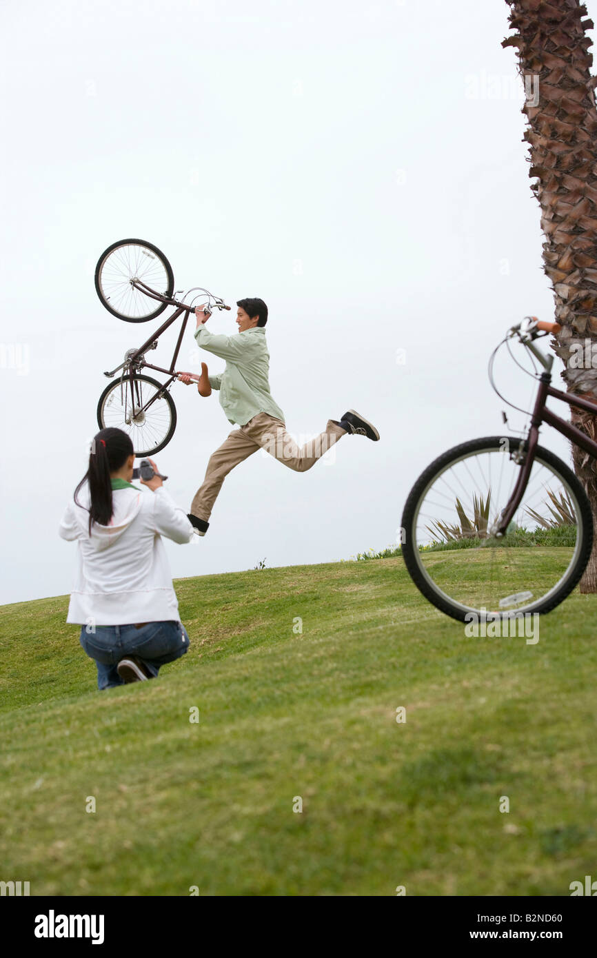 Action video two men jumping hi-res stock photography and images - Alamy