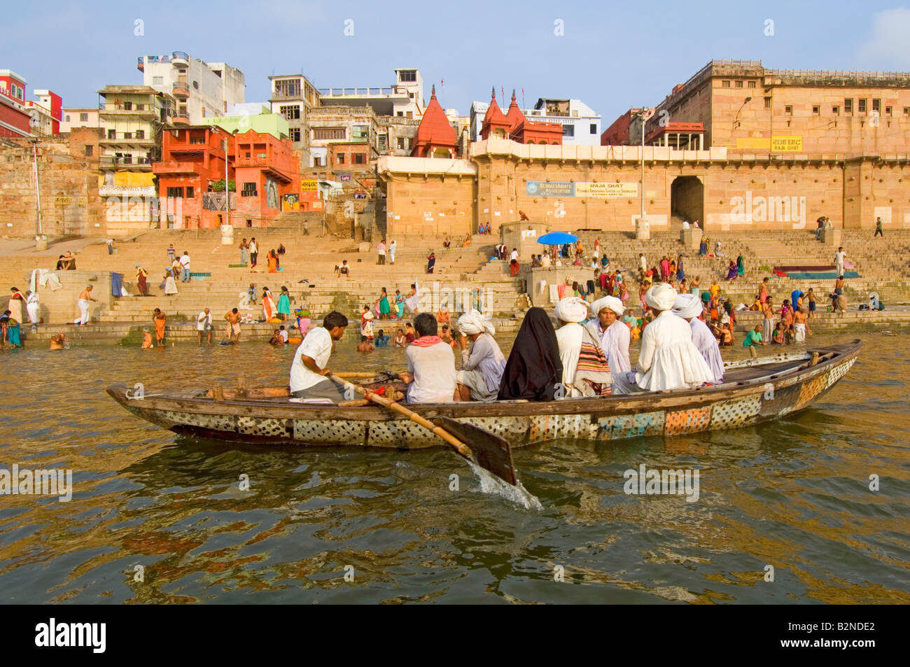 Wide angle view of people on the Narad and Raja Ghat performing their ...