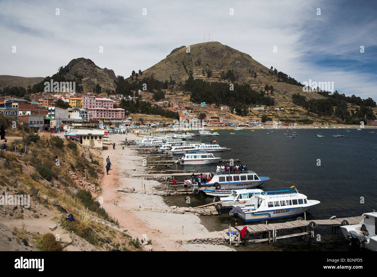 The shoreline of Lake Titicaca from Copacabana in Bolivia Stock Photo ...