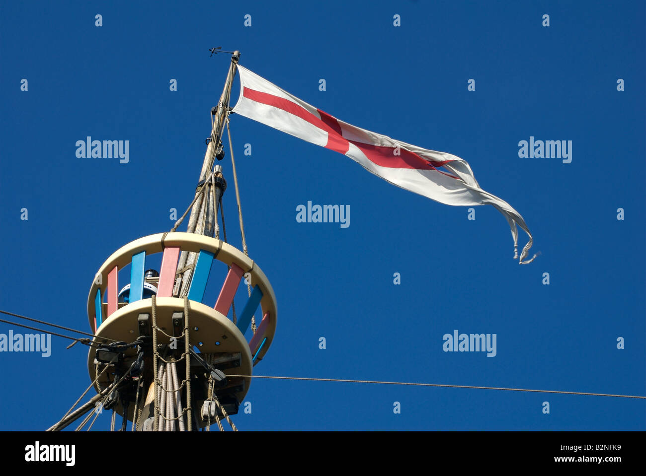 St George's flag pennant flying on the Matthew ship, a replica of a ...