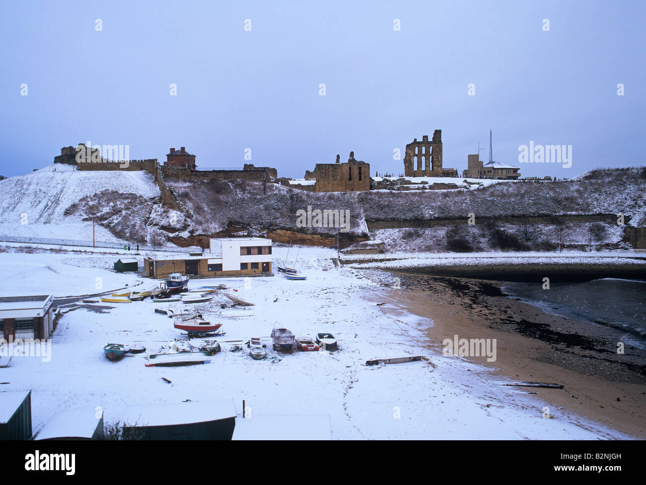 Tynemouth Castle, Priory and Harbour in winter snow Stock Photo - Alamy
