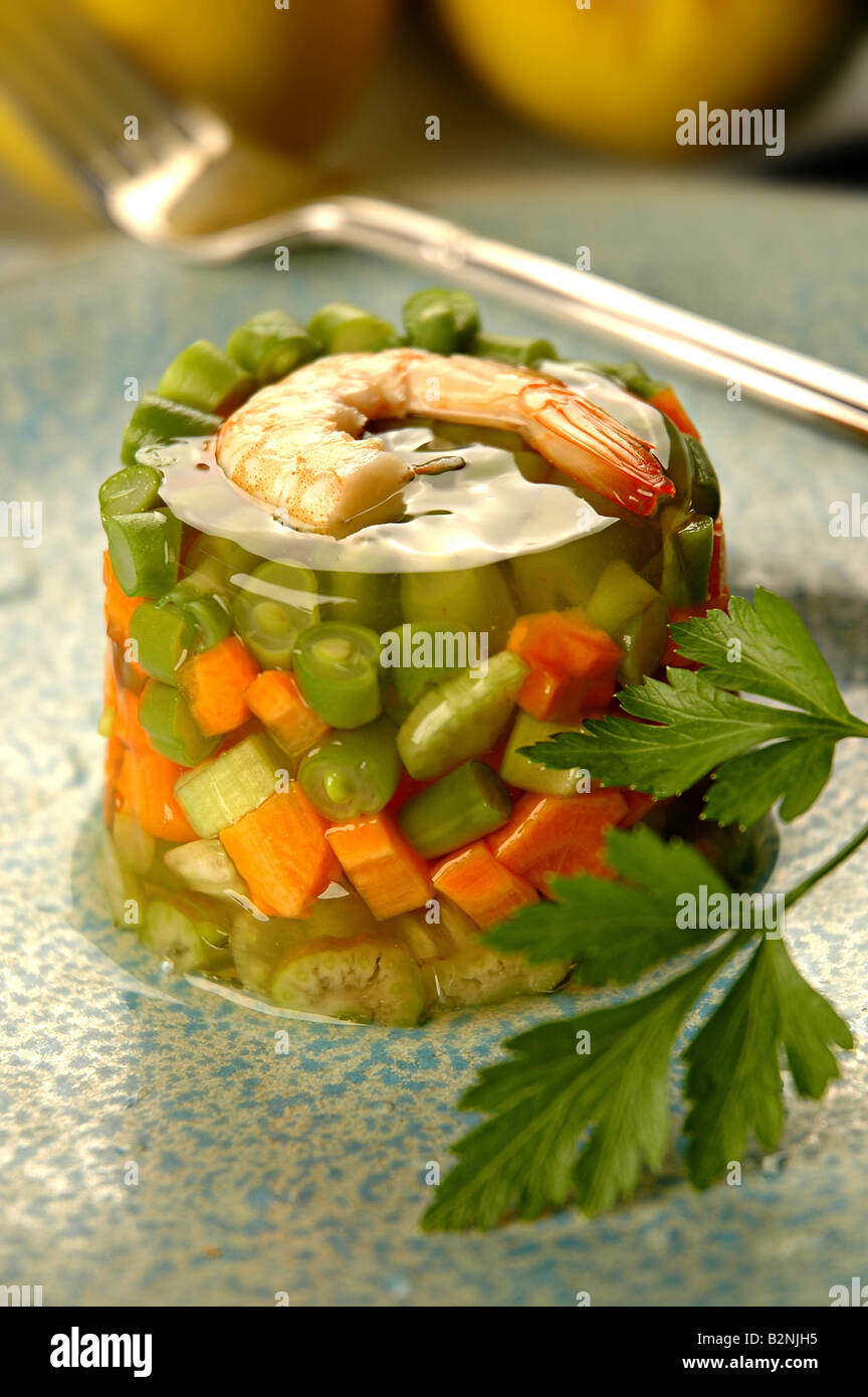 Aspic with vegetables, tunny and shrimps Stock Photo - Alamy